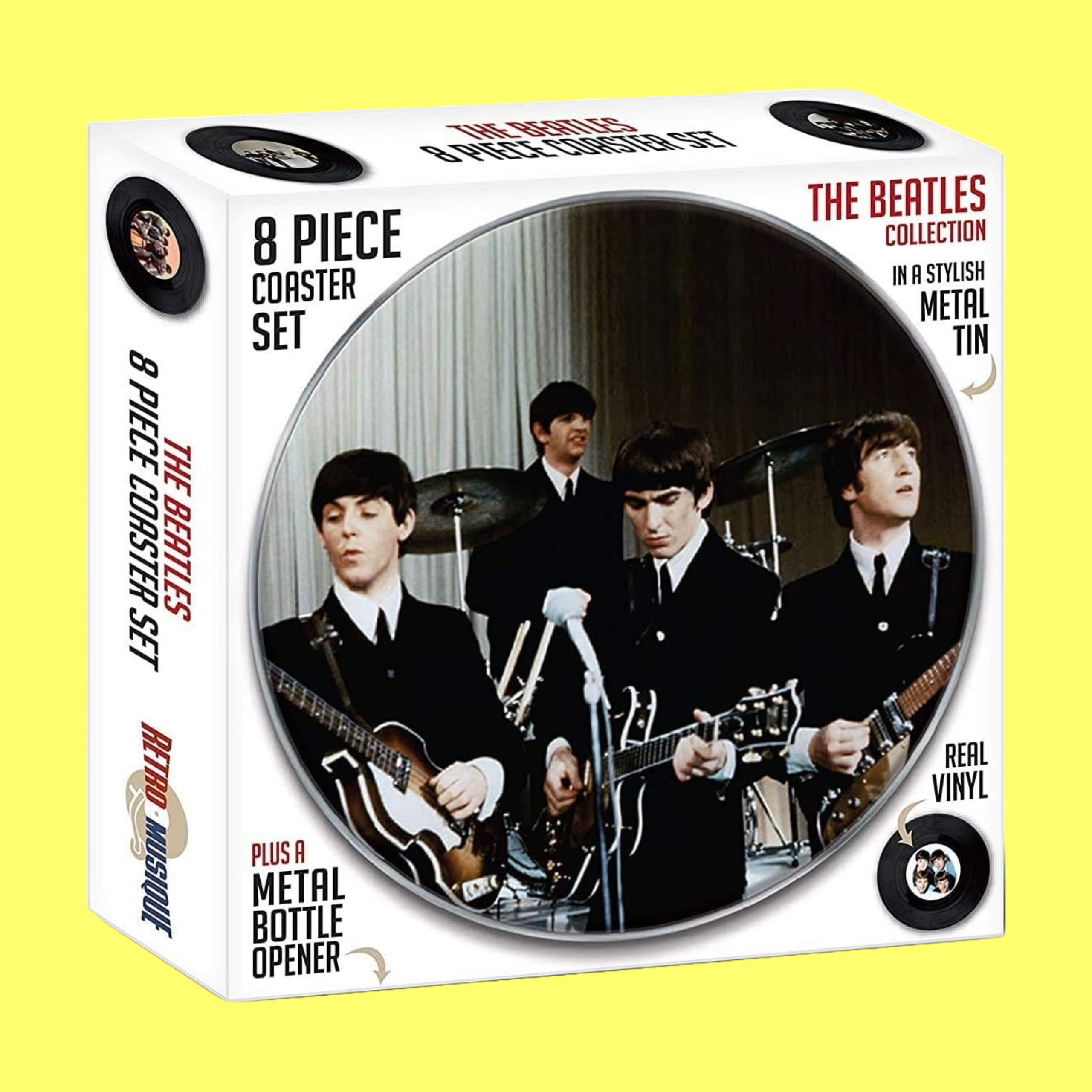 The Beatles - 8 Piece Vinyl Coaster Set With Bottle Opener and Metal T ...